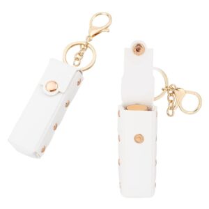 wadorn 2pcs chapstick keychain holder, 6 inch pu leather lipstick organizer holder with keychain mini lip gloss travel storage case portable snap-on lip balm sleeves for women gift,white