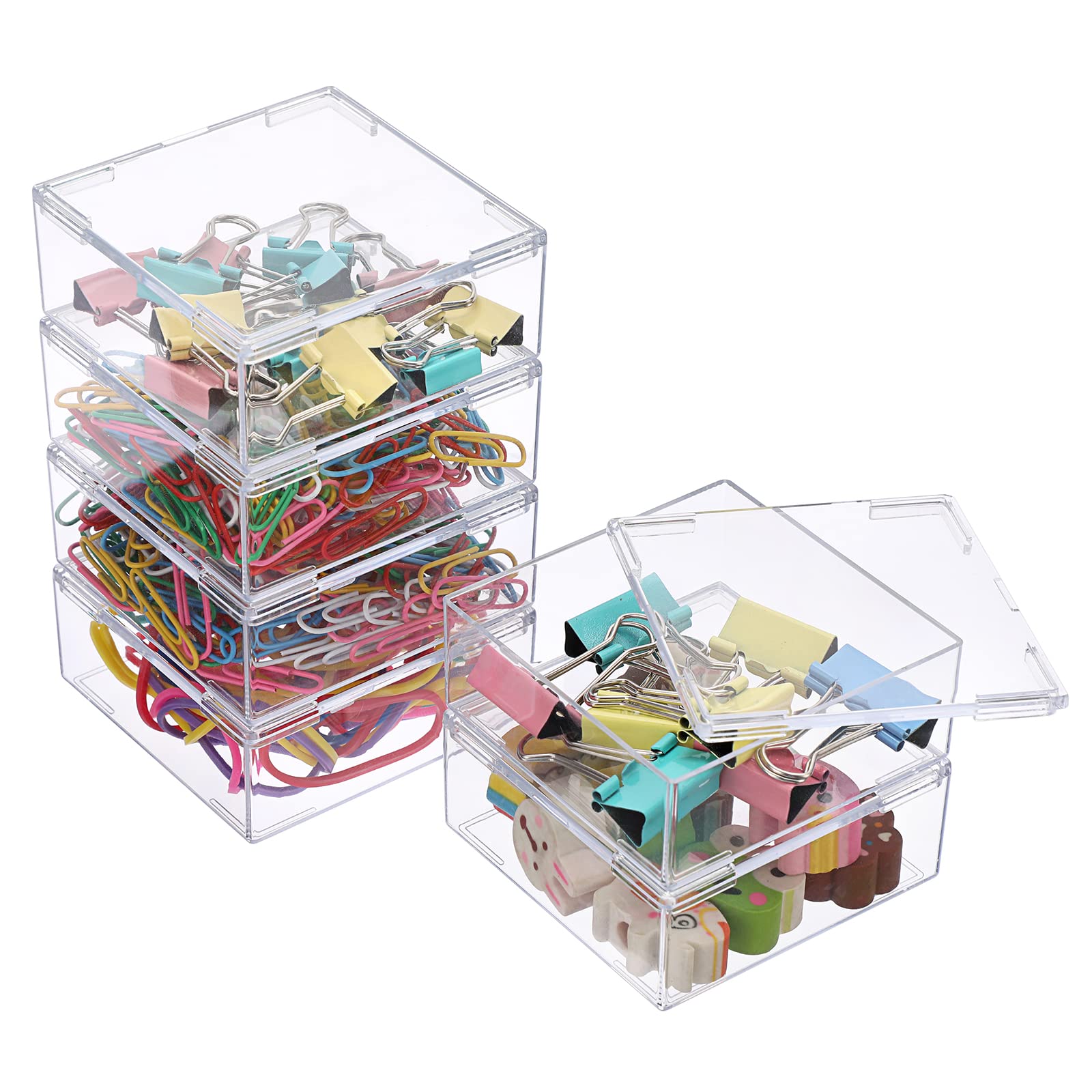 BTSKY Clear Plastic Small Storage Containers with Lid Mini Clear Boxes for Organizing Stackable Paper Clips Holder Multi-use Bead Organizers for Clips, Rhinestones, Hairpins and Candy, 6PCS Square