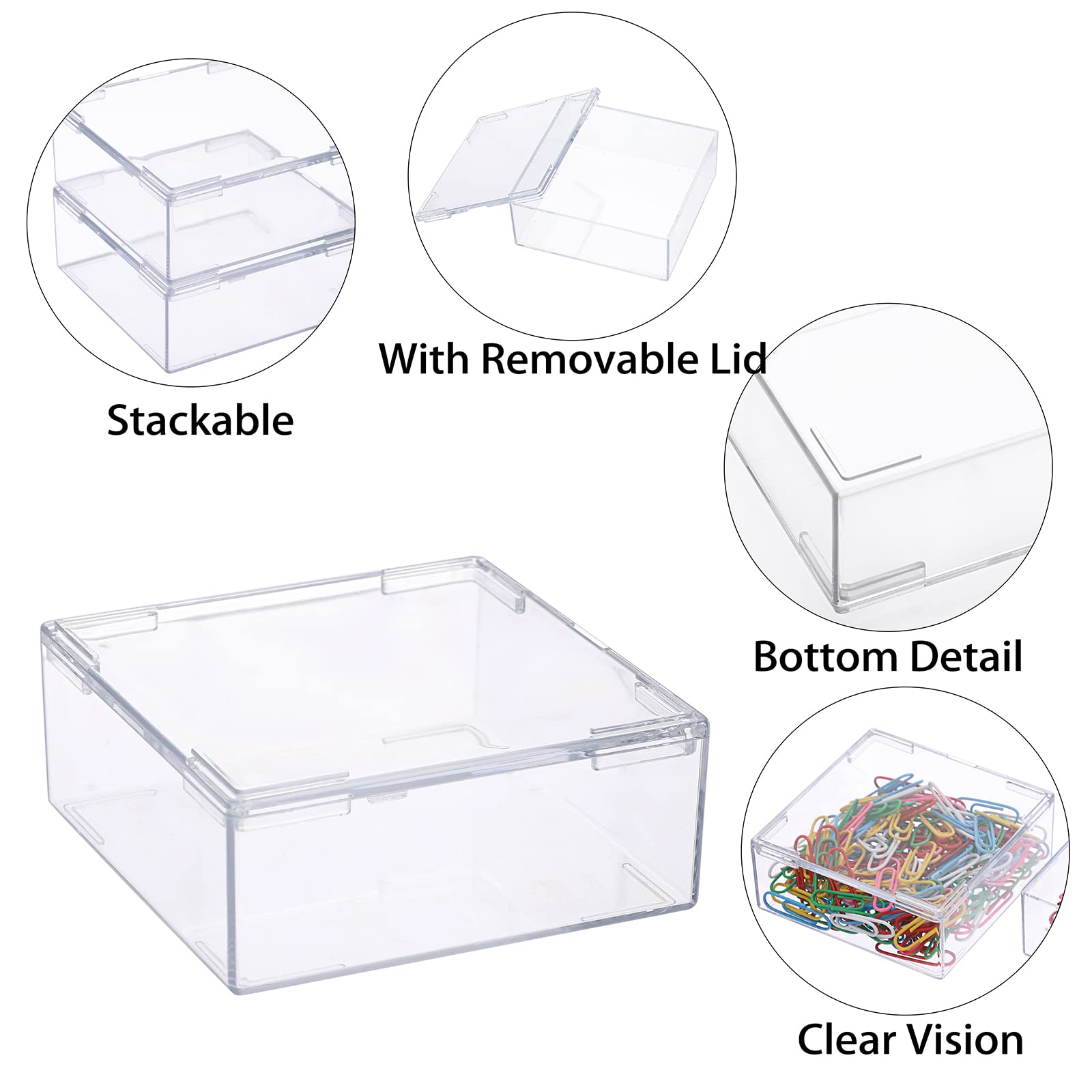 BTSKY Clear Plastic Small Storage Containers with Lid Mini Clear Boxes for Organizing Stackable Paper Clips Holder Multi-use Bead Organizers for Clips, Rhinestones, Hairpins and Candy, 6PCS Square