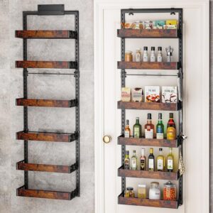 bukfen over the door pantry organizer, 6-tier adjustable wooden basket kitchen pantry door organization and storage, heavy-duty metal hanging kitchen spice rack,d6.3 x w17.71 x h50.60 inch,1 pack