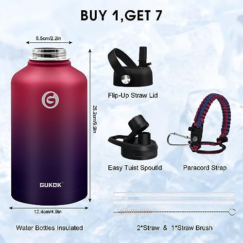 64 Oz Insulated Water Bottle With Straw & Paracord Handles & 2 Lids, Leak Proof Metal Water Jug, Hot Cold Stainless Steel Thermal Water Bottles, Half Gallon Large Water Flask for Sports, Gym