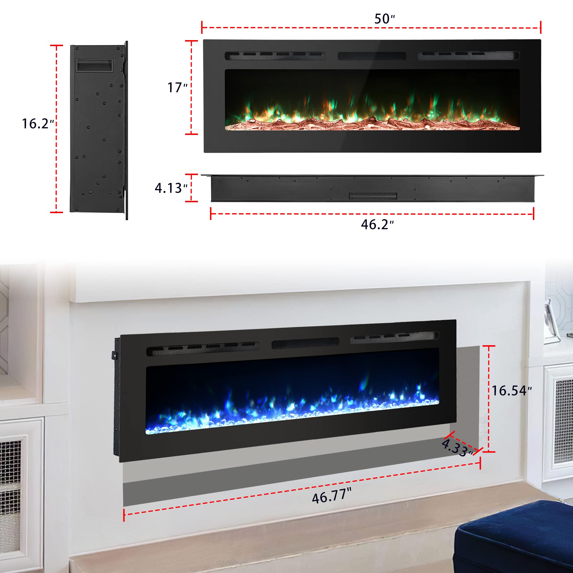 50 Inch Electric Fireplace Inserts, Wall Mounted Fireplace, Recessed Electric Fireplace, Wall Fireplace Electric with Remote Control, Indoor Electric Fireplace, Linear Fireplace, 750/1500W