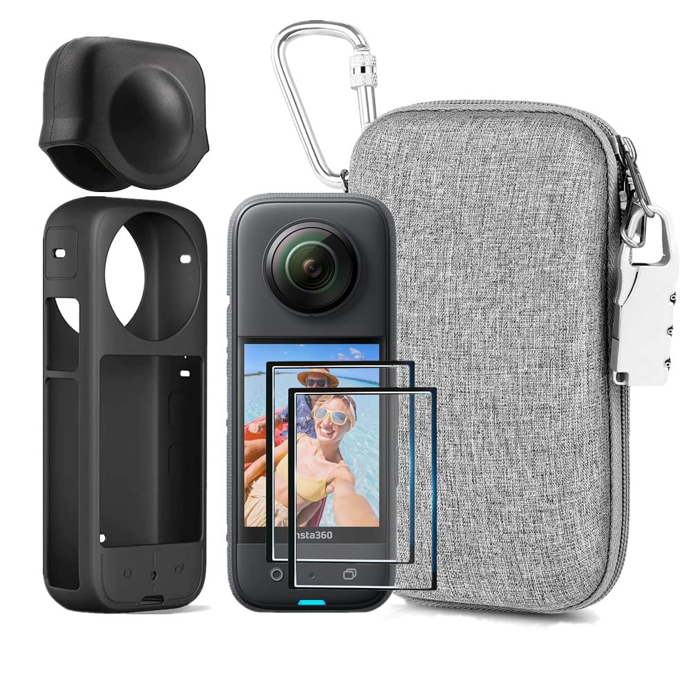 LEWOTE 7in1 Compatible with Insta360 X3 Accessories Kit[Silicone Camera Case Cover and Lens Cap][2Pcs 3D Screen Protector Film][Carrying Case Bag with Auto Locking Carabiner and Anti-loss Lock]