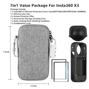 LEWOTE 7in1 Compatible with Insta360 X3 Accessories Kit[Silicone Camera Case Cover and Lens Cap][2Pcs 3D Screen Protector Film][Carrying Case Bag with Auto Locking Carabiner and Anti-loss Lock]