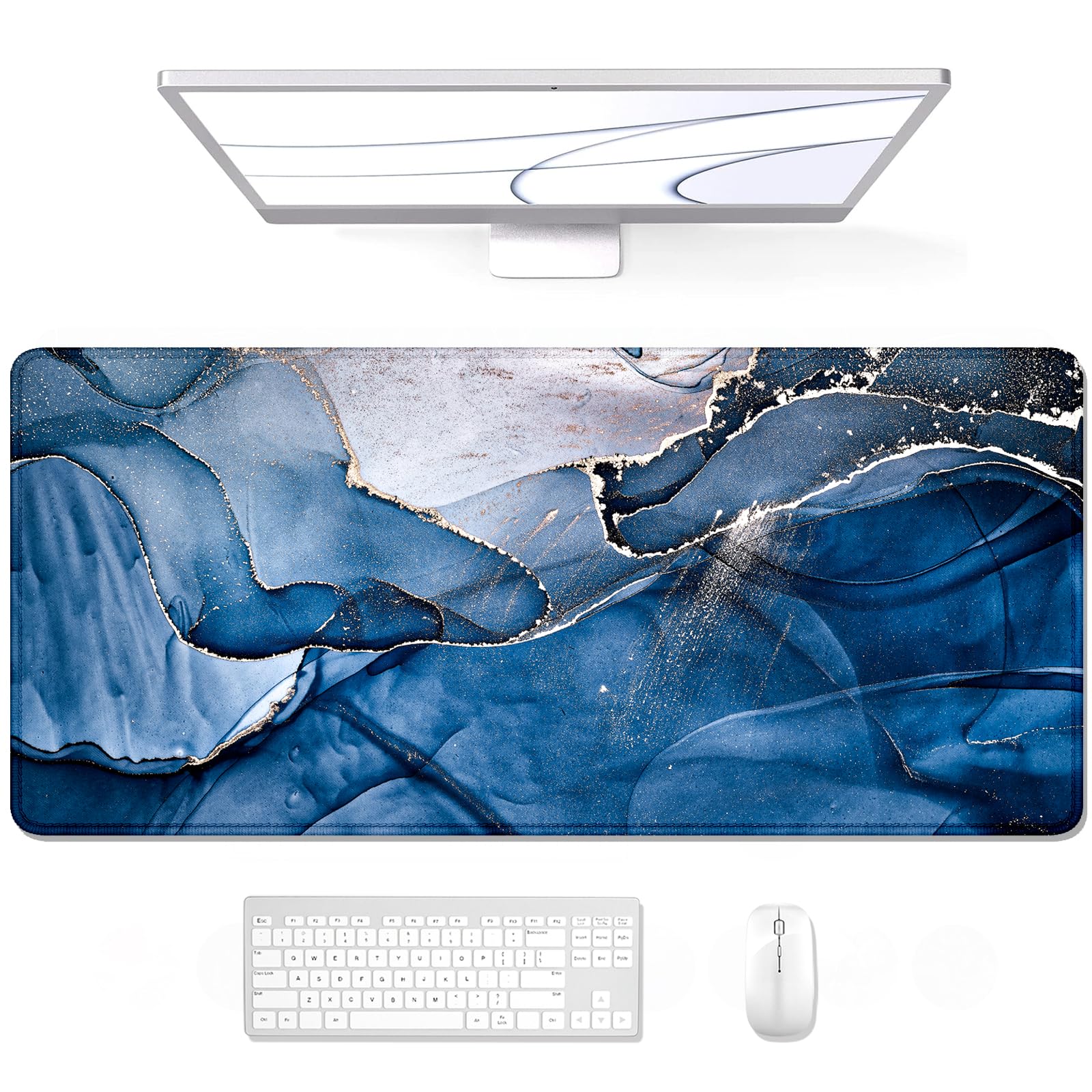 Auhoahsil Large Mouse Pad, XXL Desk Pad, Extened Mousepad 31.5" x 11.8", Non-Slip Rubber Base, Stitched Edges, Superior Surface, Gaming Keyboard Mat, Waterproof Desk Pad, Ink Navy Marble