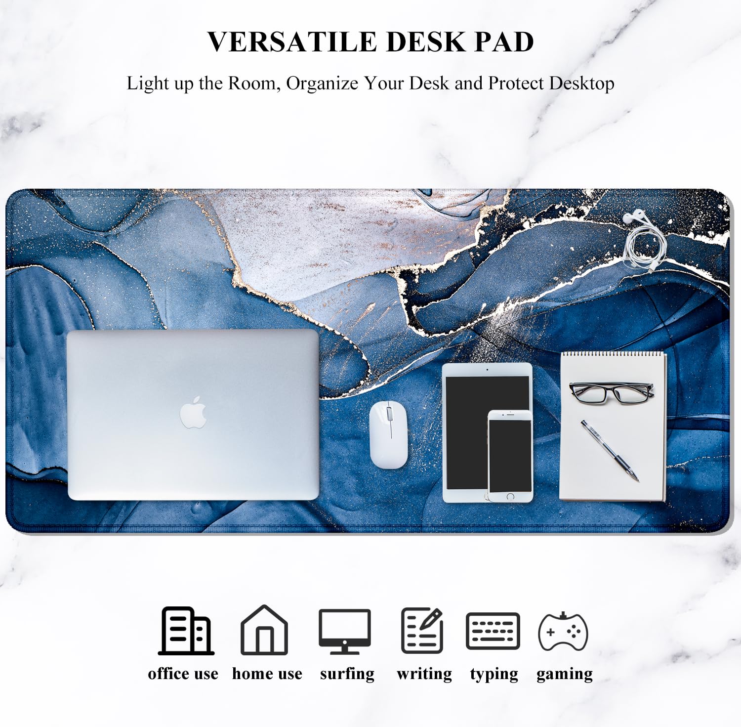 Auhoahsil Large Mouse Pad, XXL Desk Pad, Extened Mousepad 31.5" x 11.8", Non-Slip Rubber Base, Stitched Edges, Superior Surface, Gaming Keyboard Mat, Waterproof Desk Pad, Ink Navy Marble