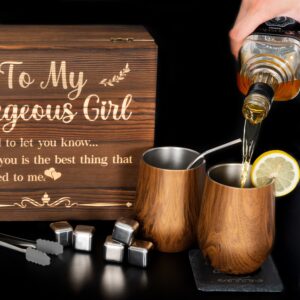 Gift for Her Anniversary Best Birthday Gifts for Girlfriend, Wine Tumbler Gift Set Wood Anniversary 5 Year Gift for Her Romantic, 1st Anniversary for Her 'To My Gorgeous Girl' Engraved Wooden Gift Set