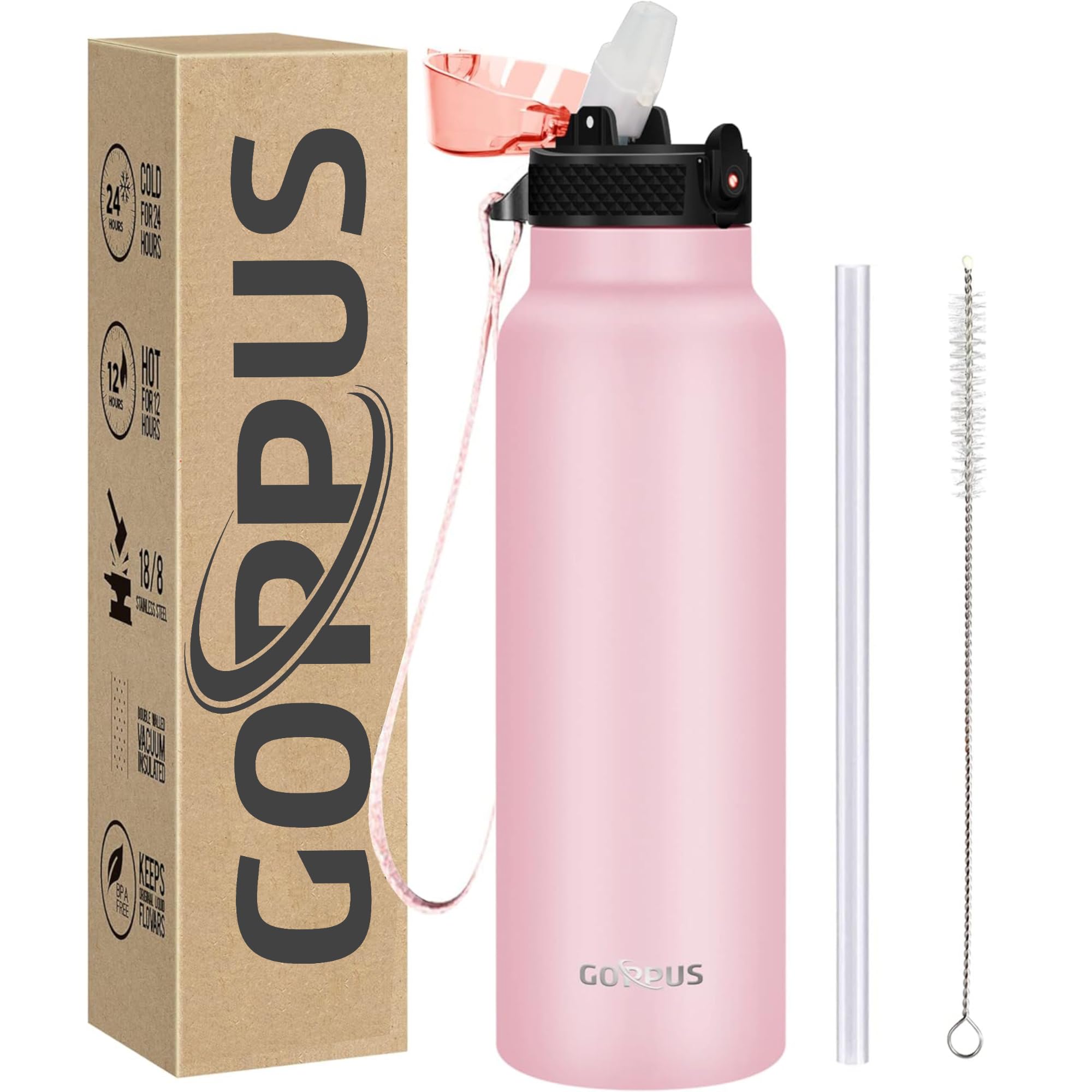 GOPPUS 24 oz Insulated Double Wall Vacuum Water Bottle With Straw Stainless Steel Sports Water Cup Leakproof Wide Mouth Resusable Water bottles for Kids Men Women Pink-1 Lid