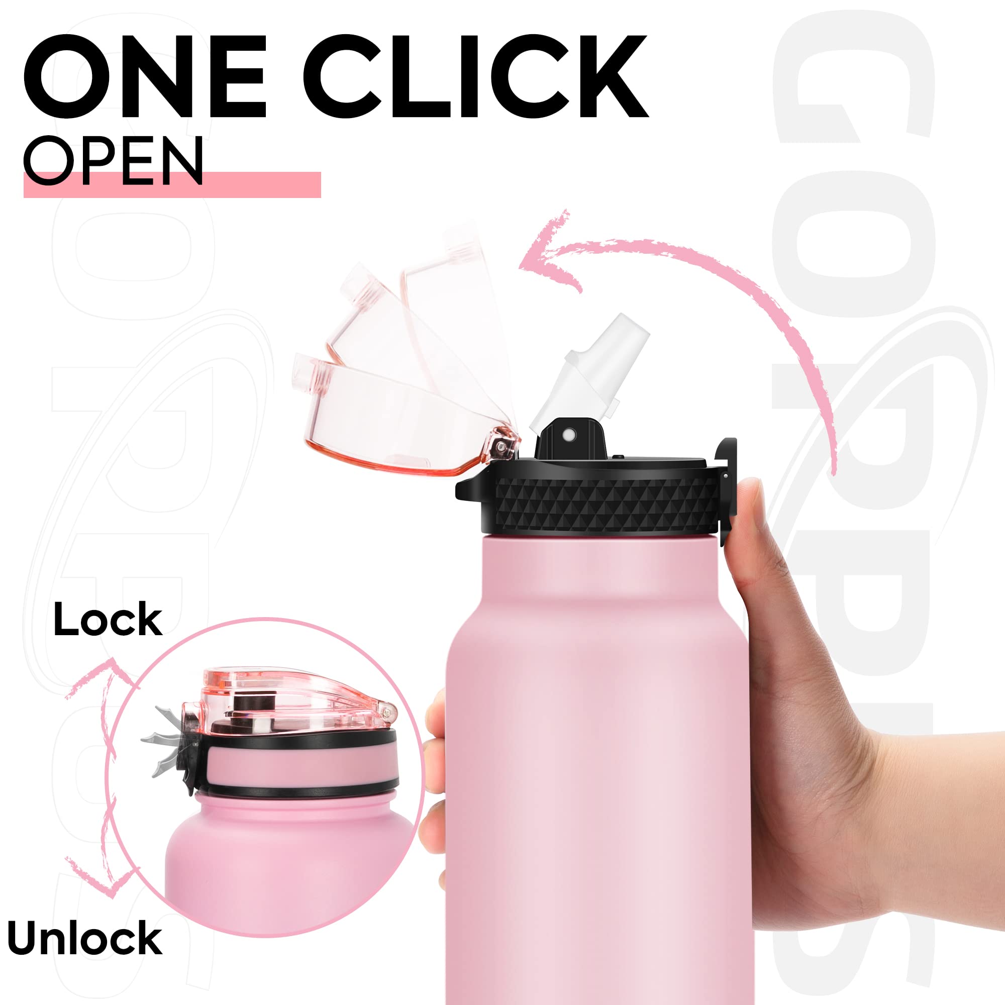 GOPPUS 24 oz Insulated Double Wall Vacuum Water Bottle With Straw Stainless Steel Sports Water Cup Leakproof Wide Mouth Resusable Water bottles for Kids Men Women Pink-1 Lid