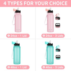 GOPPUS 24 oz Insulated Double Wall Vacuum Water Bottle With Straw Stainless Steel Sports Water Cup Leakproof Wide Mouth Resusable Water bottles for Kids Men Women Pink-1 Lid