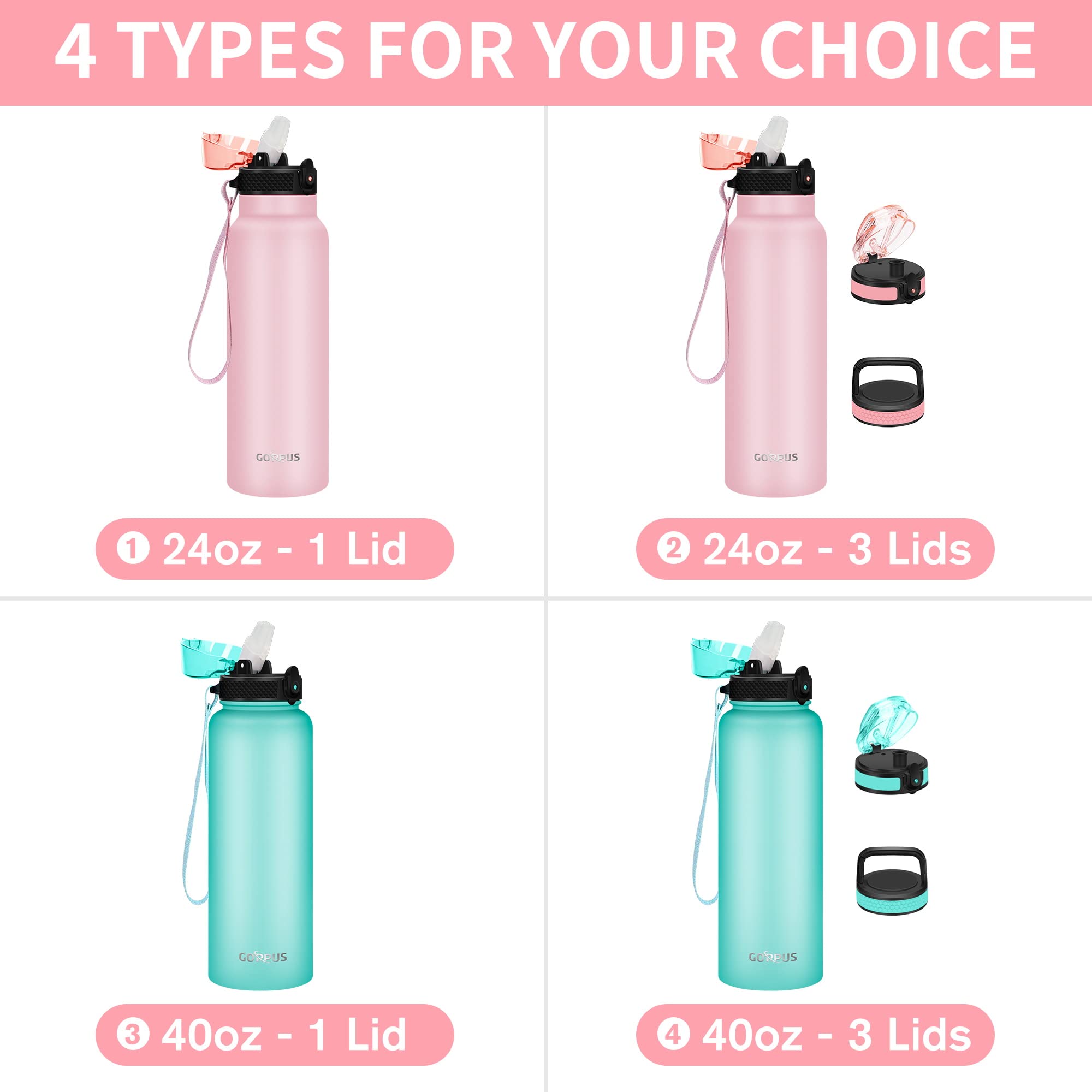 GOPPUS 24 oz Insulated Double Wall Vacuum Water Bottle With Straw Stainless Steel Sports Water Cup Leakproof Wide Mouth Resusable Water bottles for Kids Men Women Pink-1 Lid