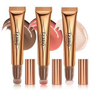 yeweian 3pcs liquid contour beauty wand, liquid blush highlighter makeup stick with applicator, cream bronzer stick natural matte finish, lightweight blendable cream contour highlighter blush wand