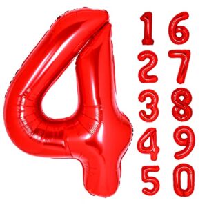 40 inch giant red number 4 balloon, helium mylar foil number balloons for birthday party, 4th birthday decorations for kids, anniversary party decorations supplies (red number 4)