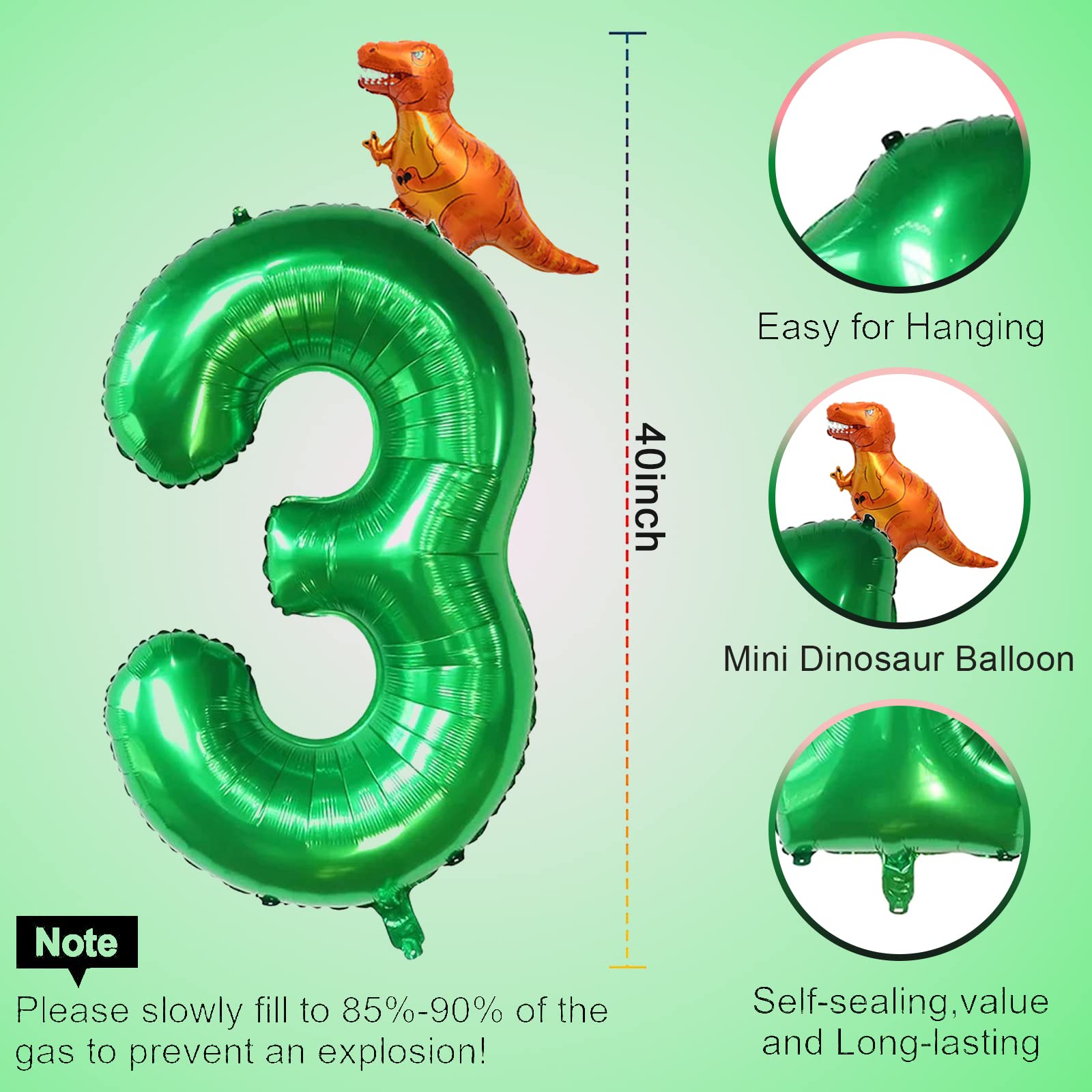 40 Inch Green Number 3 & Mini Dinosaur Balloon for Boys Birthday Party Decorations, 3rd Birthday Dinosaur Party Supplies Jungle Theme Green Birthday Patry Balloons Decorations