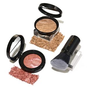 blush-n-glow kit (3 pc): laura geller new york baked balance-n-glow illuminating cc powder foundation golden medium, retractable kabuki brush, baked blush-n-brighten pink grapefruit