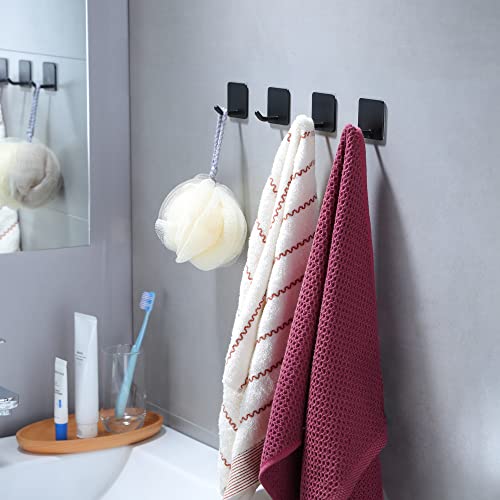 YIGII Adhesive Towel Hooks - 4 Pack Towel Hooks for Hanging Robes Coat Hooks Stick on Wall Hooks Stainless Steel, Matte Black