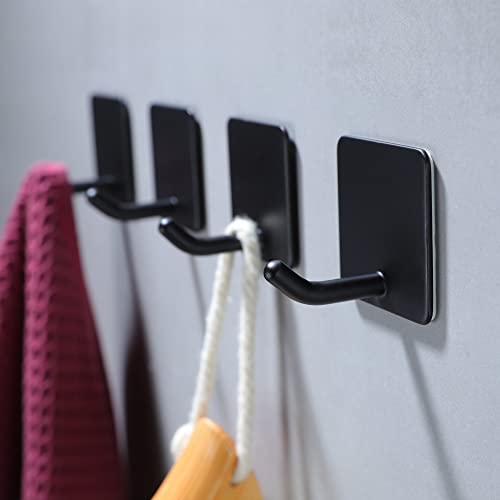 YIGII Adhesive Towel Hooks - 4 Pack Towel Hooks for Hanging Robes Coat Hooks Stick on Wall Hooks Stainless Steel, Matte Black