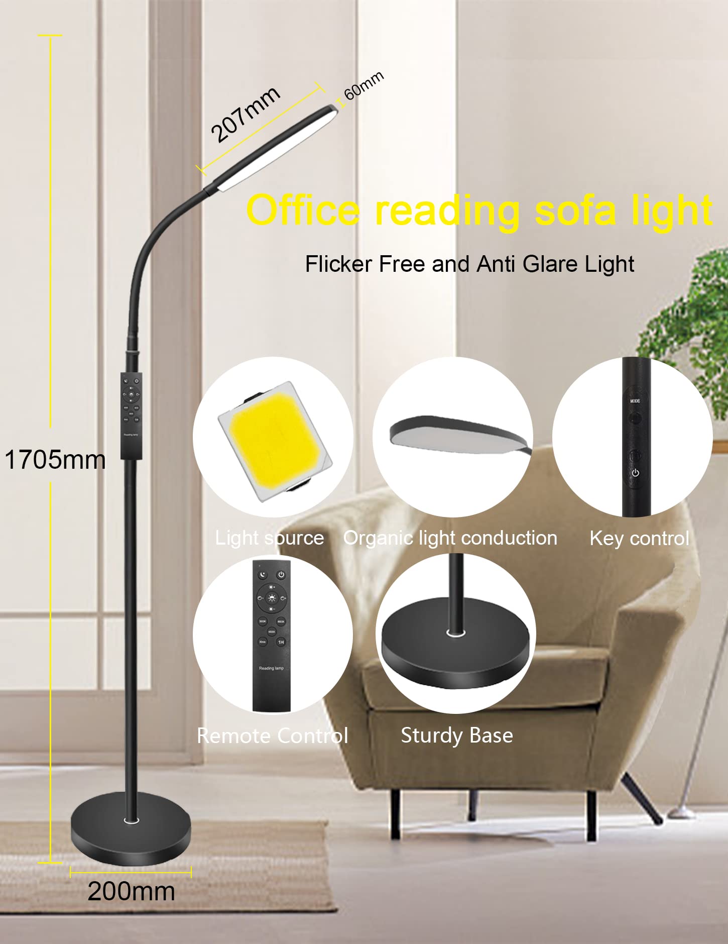 Hyskostar LED Floor Lamp, Bright Floor Lamps for Living Room with 1H Timer, 2700K-6500K Brightness Adjustable Gooseneck Standing Lamp with Remote & Touch Control Reading Floor Lamps for Bedroom