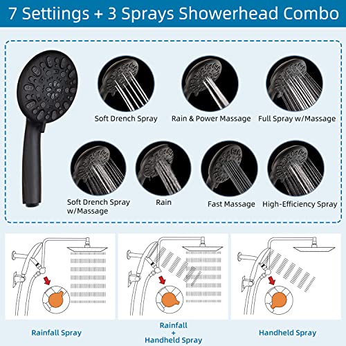 Hygie Rinse Rain Shower Head with Handheld Head High Pressure 10" Rainfall Showerhead+7-Spray Handheld Head Combo, 11" Shower Extension Arm, 71" Hose, 3 Settings Diverter, Oil Rubbed Bronze