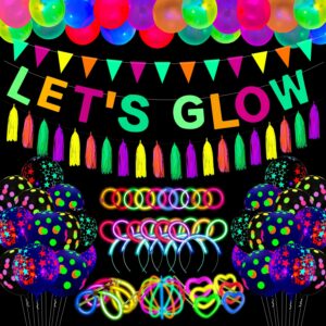 209 pack glow party supplies glow sticks party pack glow themed party hanging decorations birthday party decoration tablecloth, balloons, sticks, tassels, glasses, headband for neon party decorations