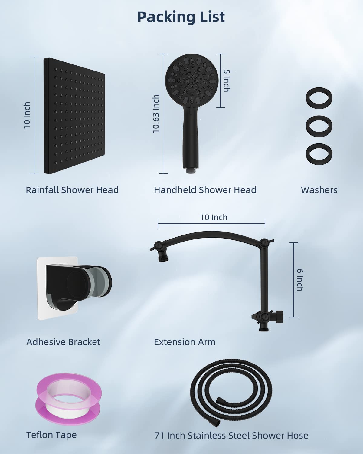 Hibbent Thickness 10'' Rain Shower Head, High Pressure Handheld Spray, Showerhead Combo with 16'' Adjustable Arc Shower Extension Arm, 7 Settings, 71'' Hose, Adhesive Shower Holder, Oil-Rubbed Bronze