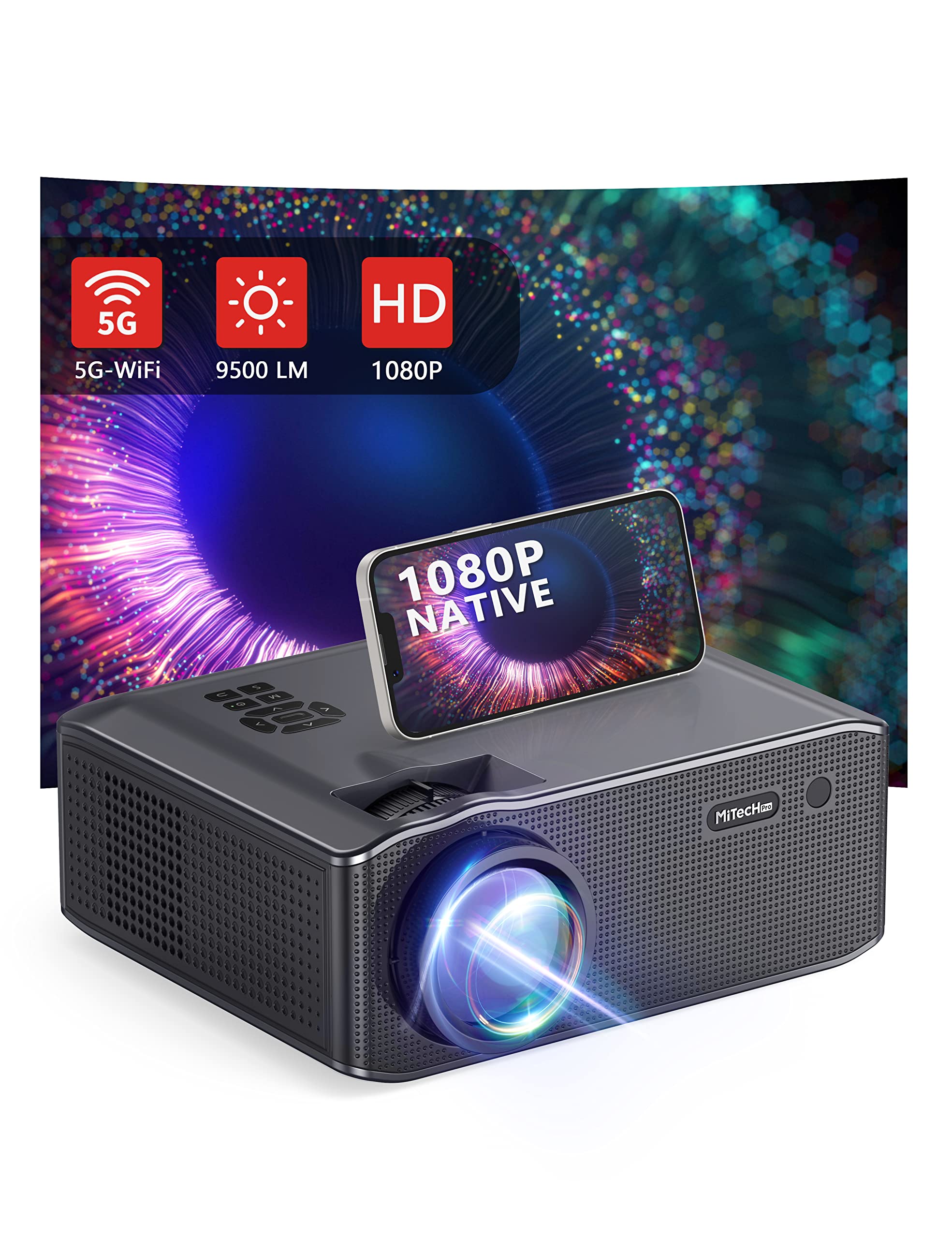 MiTechPro 4K Projector, 600 ANSI Portable Movie Projector with 5G WiFi Bluetooth, 4K Support Zoom Function and Timer Shutdown, Outdoor for HDMI/USB/Laptop/iOS & Android Phone, Black