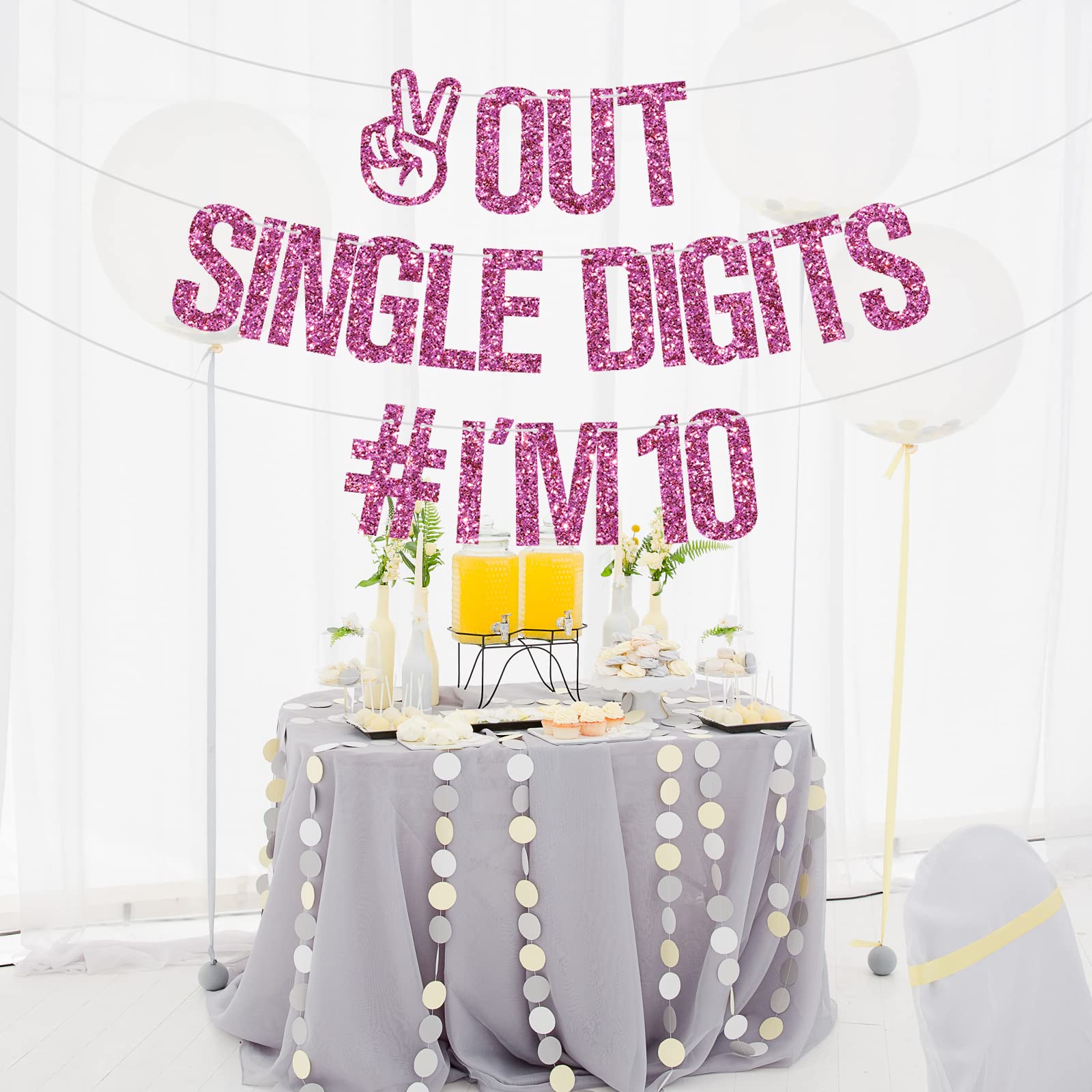 Out Single Digits I'm 10 Banner, Double Digits 10, Happy 10th Birthday Decorations for Girls, 10th Birthday Party Decoration Supplies Pink Glitter