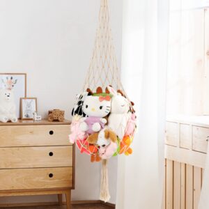 dremisland stuffed animal storage toy organizers and storage, display a large plush toy! boho macrame toy net hammock for corners walls ceiling nursery kids play room bedroom(beige)