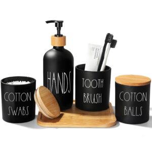 alpiriral matte black bathroom accessories set, 5 pcs glass bathroom accessory set with bamboo tray, soap dispenser and toothbrush holder set, qtip holder set, farmhouse boho bathroom set complete