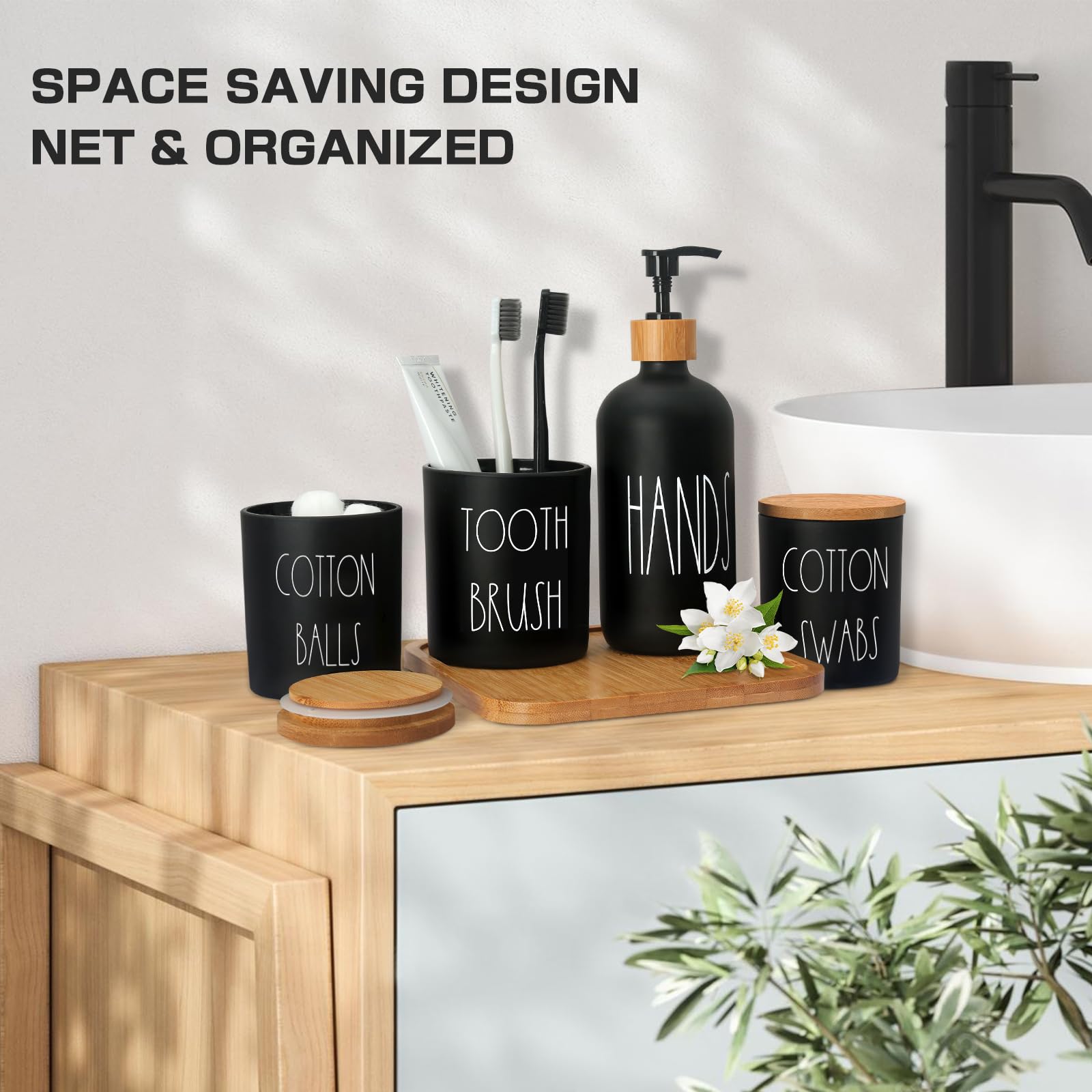 ALPIRIRAL Matte Black Bathroom Accessories Set, 5 Pcs Glass Bathroom Accessory Set with Bamboo Tray, Soap Dispenser and Toothbrush Holder Set, Qtip Holder Set, Farmhouse Boho Bathroom Set Complete