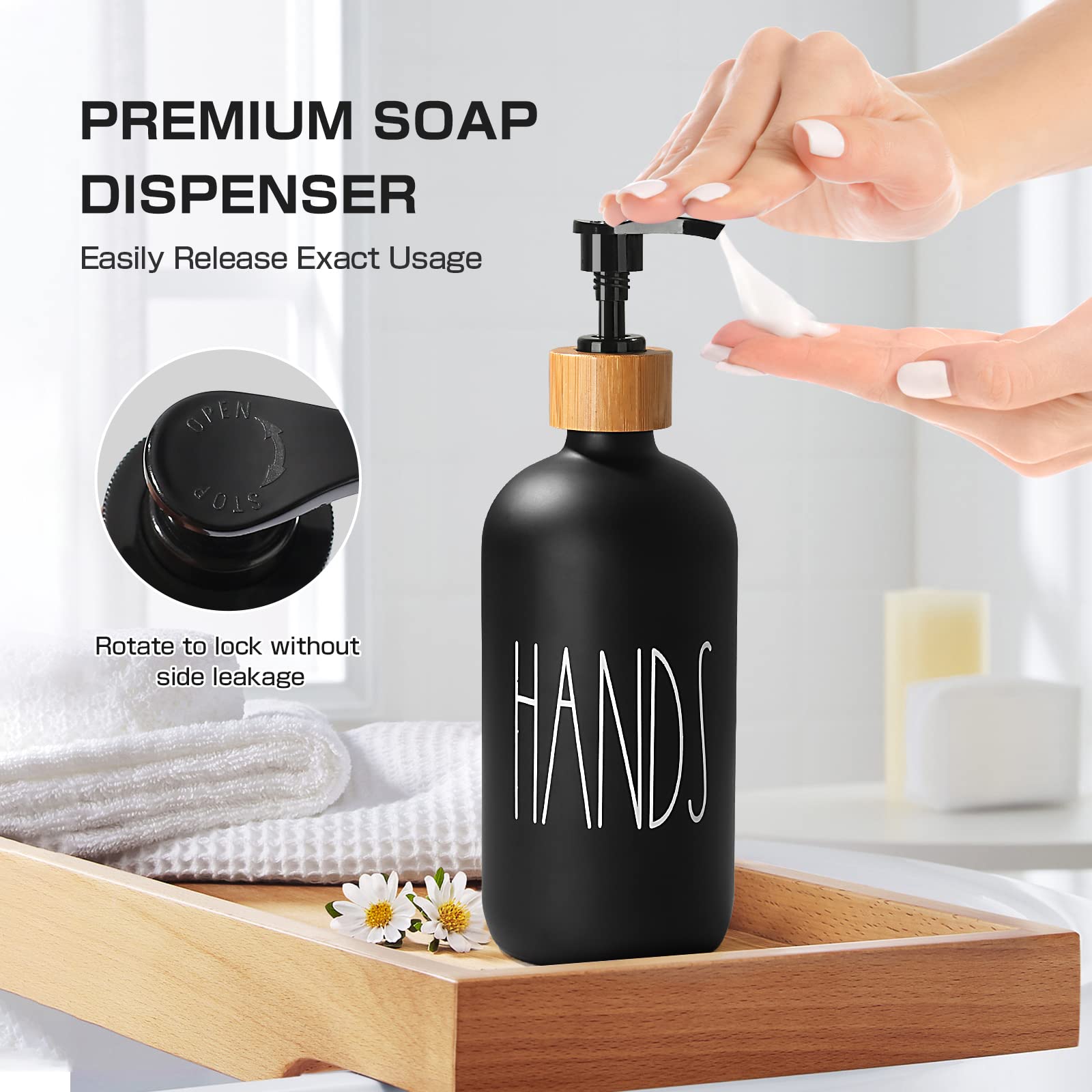 ALPIRIRAL Matte Black Bathroom Accessories Set, 5 Pcs Glass Bathroom Accessory Set with Bamboo Tray, Soap Dispenser and Toothbrush Holder Set, Qtip Holder Set, Farmhouse Boho Bathroom Set Complete