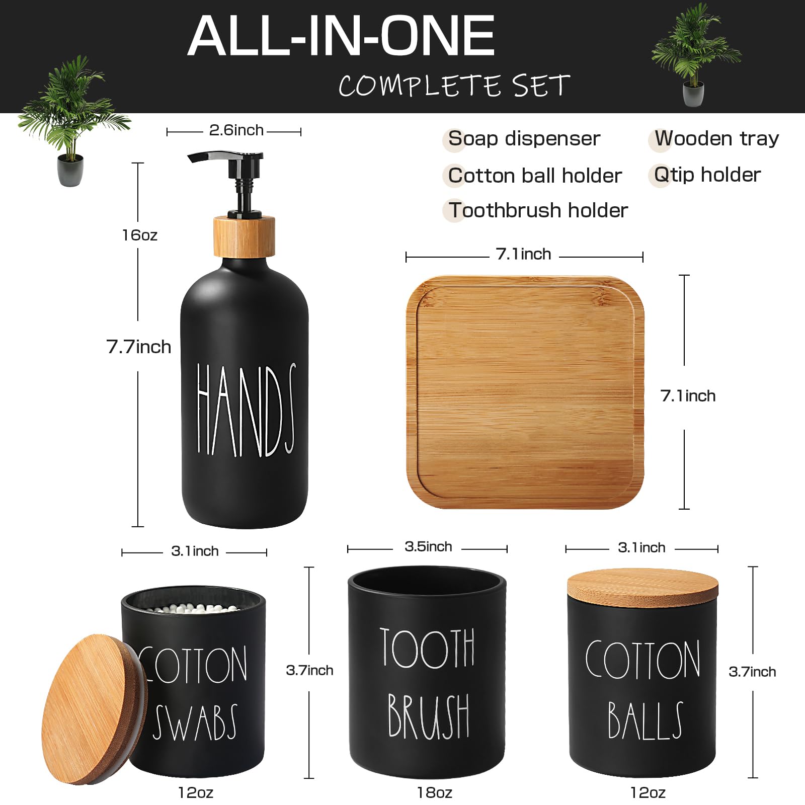 ALPIRIRAL Matte Black Bathroom Accessories Set, 5 Pcs Glass Bathroom Accessory Set with Bamboo Tray, Soap Dispenser and Toothbrush Holder Set, Qtip Holder Set, Farmhouse Boho Bathroom Set Complete