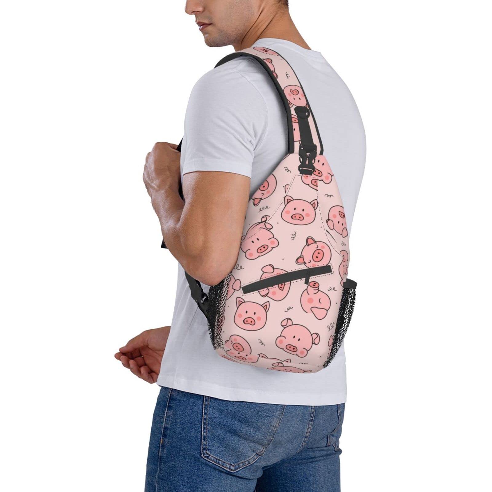 SURERUIM Pink Pig Sling Bag for Women Men Crossbody Shoulder Backpack Seamless Pattern of Pink Pig Face Cute Piggy Chest Bags Funny Cartoon Animal on Pink Background Gym Travel Hiking Casual Daypack