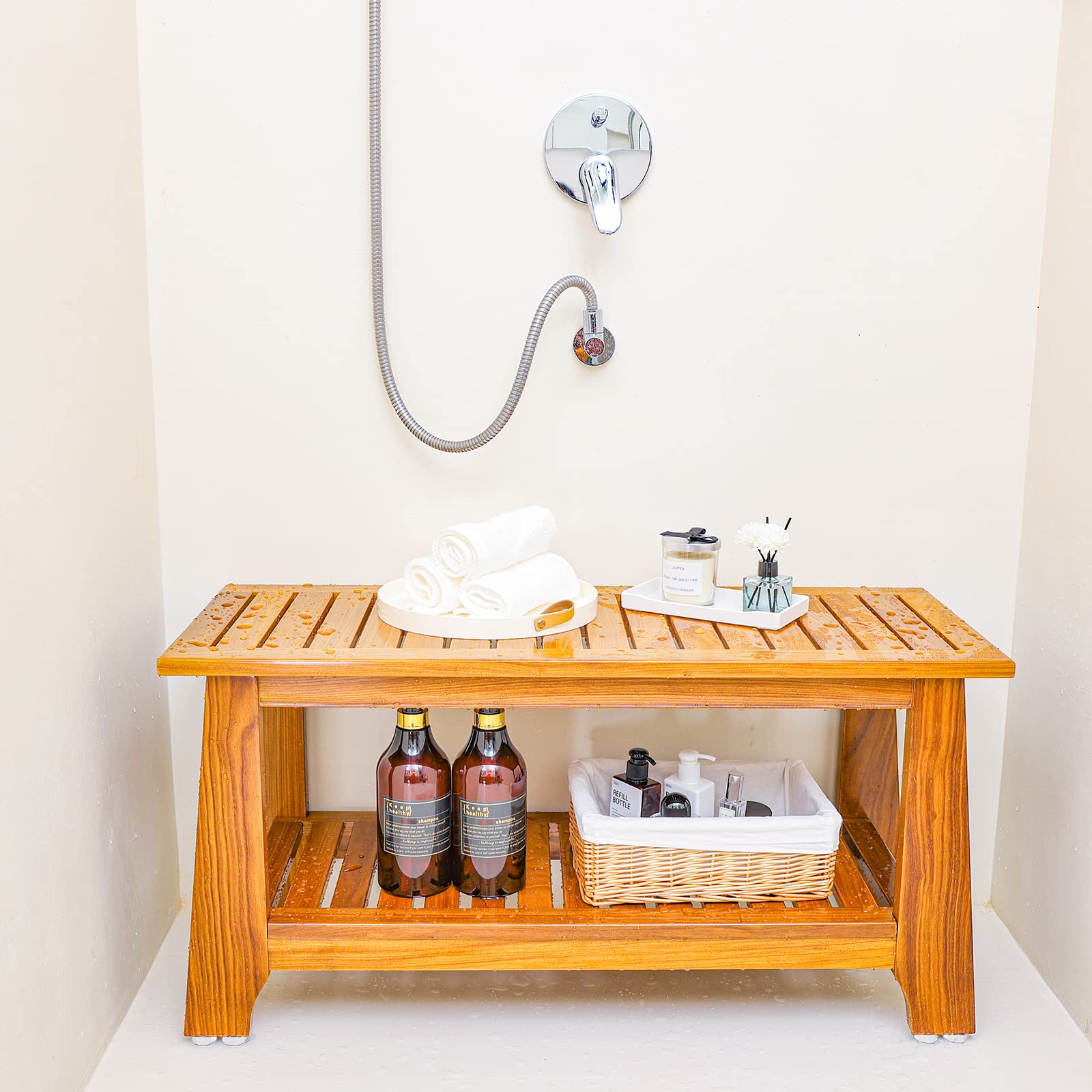 NNN 36" Teak Shower Bench with Shelf/Shower Benches for Inside Shower/Teak Bench/Bathroom Bench/Teak Wood Benches for Showers/for spa, Showers, Pools and Other Wet environments,Patented Designs.