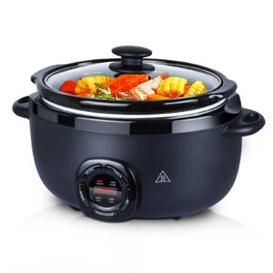 bathivy 7 quart slow cooker, electric oval programmable slow cooker with nonstick ceramic pot, 3 tempature settings, digital countdown timer, keep warm, dishwasher safe glass lid & crock, easy carry side handles, matte black powder coating housing