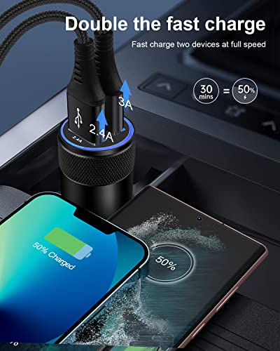 30w Car Charger, Quick Charge 3.0 Cigarette Lighter Adapter, 2 Port Fast Charging Car Plug for iPhone 15 Pro Max 14 13 12 XR X, Galaxy S24 Ultra S23 FE A25 A13 A24, USB Auto Cargador Carro for Travel