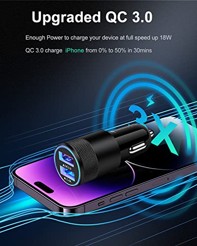 30w Car Charger, Quick Charge 3.0 Cigarette Lighter Adapter, 2 Port Fast Charging Car Plug for iPhone 15 Pro Max 14 13 12 XR X, Galaxy S24 Ultra S23 FE A25 A13 A24, USB Auto Cargador Carro for Travel