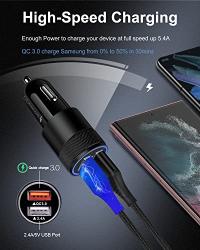 30w Car Charger, Quick Charge 3.0 Cigarette Lighter Adapter, 2 Port Fast Charging Car Plug for iPhone 15 Pro Max 14 13 12 XR X, Galaxy S24 Ultra S23 FE A25 A13 A24, USB Auto Cargador Carro for Travel