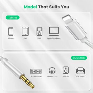 [Apple MFi Certified] Aux Cord for iPhone, Lightning to 3.5mm Aux Stereo Audio Cable Adapter Compatible with iPhone 13/12/11/XS/XR/X/8/7/All iOS for Car Home Stereo, Speaker, Headphone-3.3ft (Sliver)