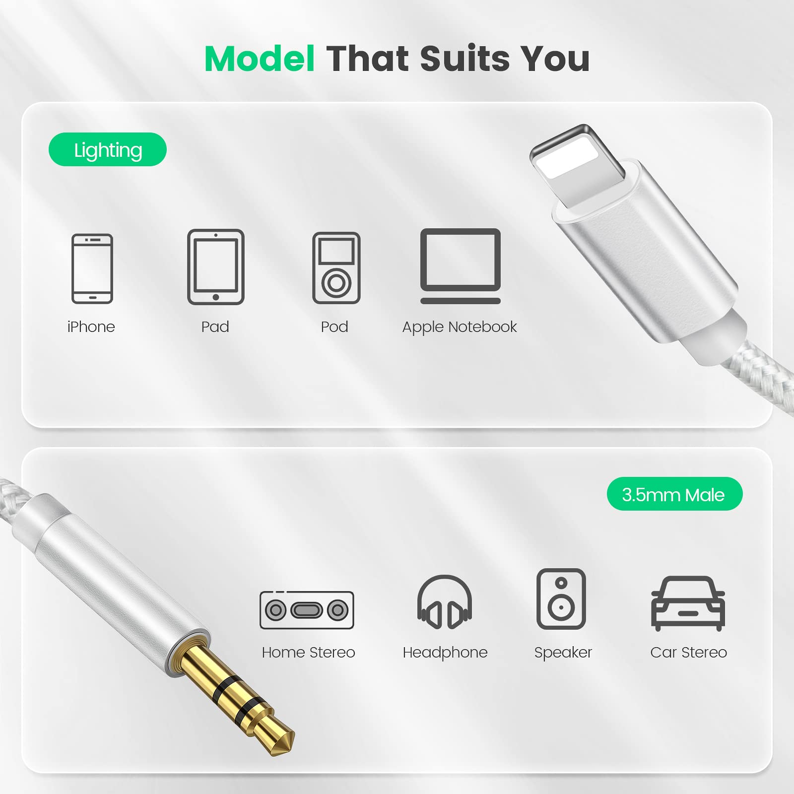 [Apple MFi Certified] Aux Cord for iPhone, Lightning to 3.5mm Aux Stereo Audio Cable Adapter Compatible with iPhone 13/12/11/XS/XR/X/8/7/All iOS for Car Home Stereo, Speaker, Headphone-3.3ft (Sliver)