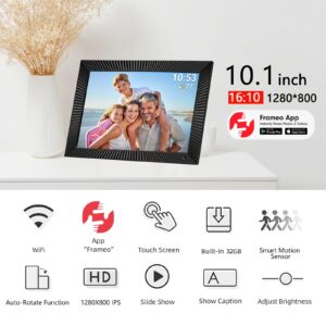 32GB FRAMEO 10.1 Inch Smart WiFi Digital Photo Frame 1280x800 IPS LCD Touch Screen, Auto-Rotate, Motion Sensor, Share Moments Instantly via Frameo App from Anywhere