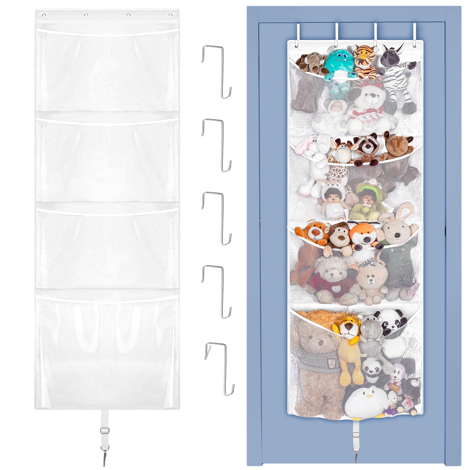 Woodoulogy Hanging Stuffed Animal Storage, Over Door Large Plush Toy Organizer with Metal Hook, Baby Accessory Holder Idea for Nursery, Doll & Bear Mesh Hammock Bag for Girl Boy Kid Room