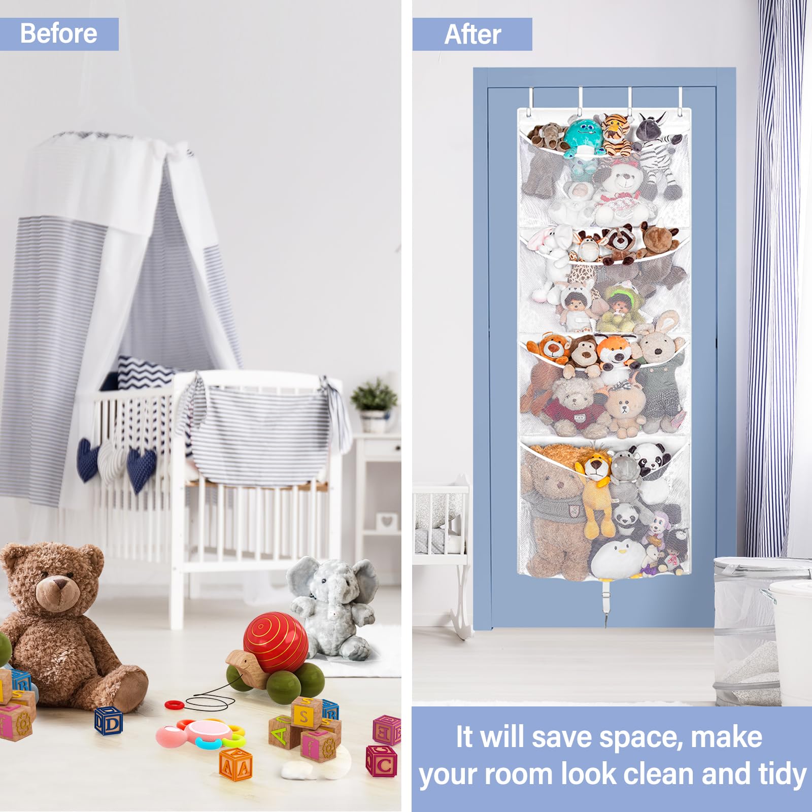 Woodoulogy Hanging Stuffed Animal Storage, Over Door Large Plush Toy Organizer with Metal Hook, Baby Accessory Holder Idea for Nursery, Doll & Bear Mesh Hammock Bag for Girl Boy Kid Room