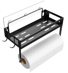 esow paper towel holder with shelf storage, 2-in-1 wall mounted paper towel roll rack basket for kitchen, balcony & bathroom, self-adhesive or drilling installation, sus304 matte black finish