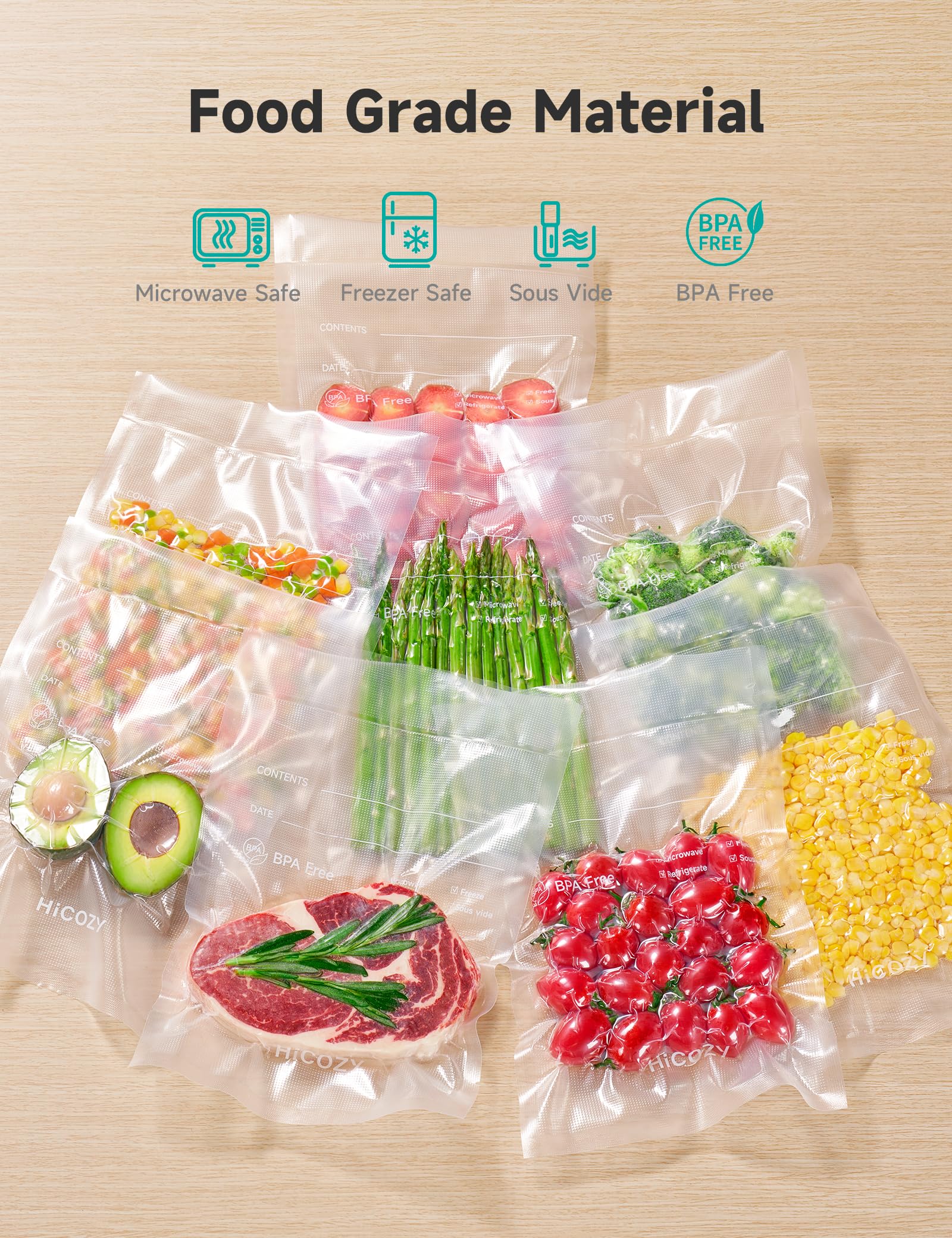 HiCOZY Vacuum Sealer Bags 100 Count 8”x12” for Food Storage, Pre-Cut BPA Free Bag for Meal Prep or Sous Vide Cooking, Safe to Microwave, Dishwasher, Boil, or Freeze