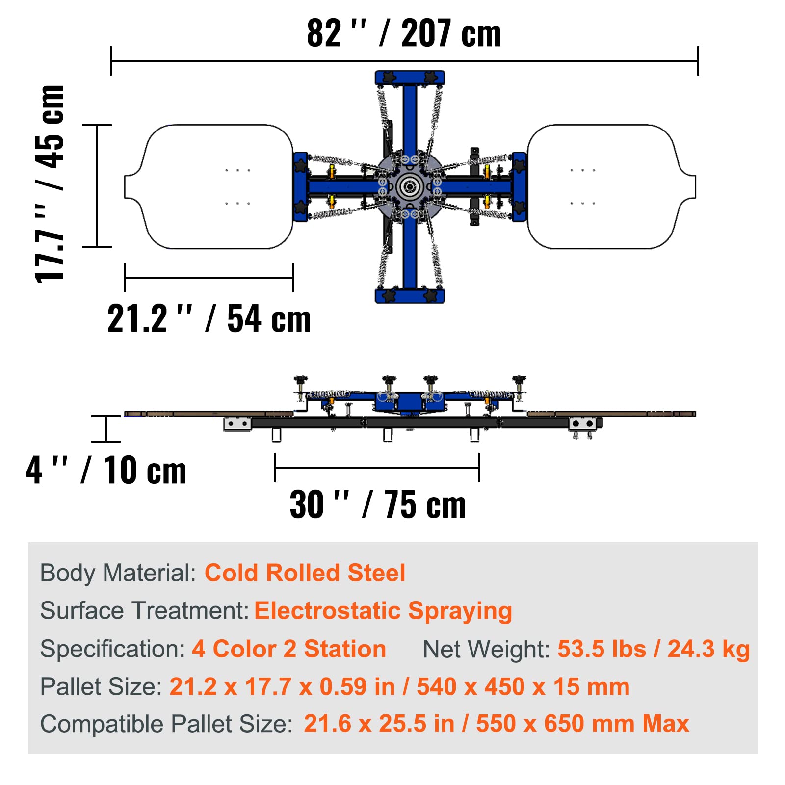 VEVOR 4 Color 2 Station Screen Printing Machine 21.2x17.7in / 54x45cm Double-Layer Positioning Pallet for T-Shirt DIY, Blue