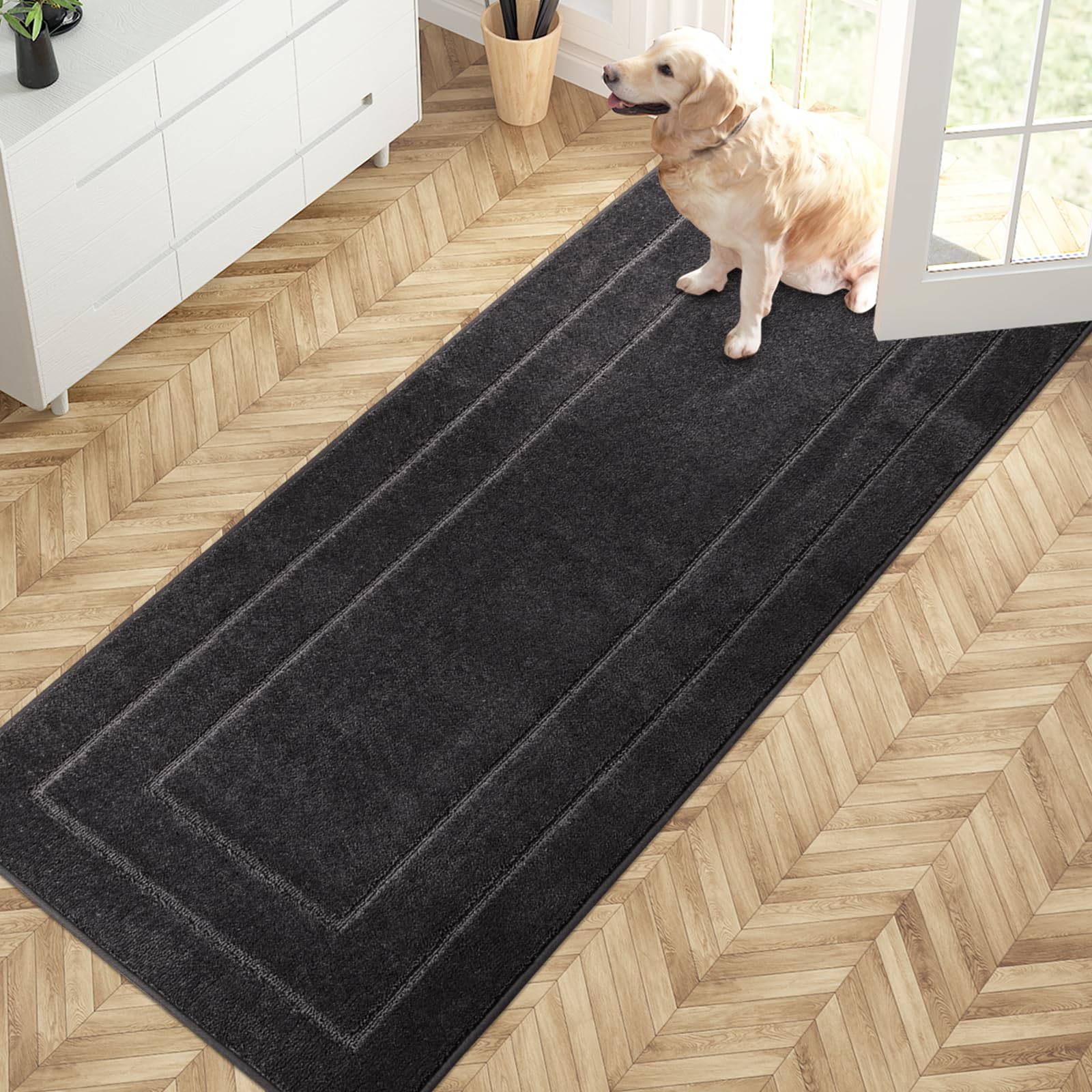 PURRUGS Dirt Trapper Door Mat 32" x 70", Non-Slip/Skid Machine Washable Entryway Rug, Dog Door Mat, Super Absorbent Welcome Mat for Muddy Wet Shoes and Paws, Charcoal