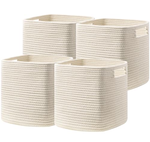 UBBCARE Set of 4 Storage Basket-11 X 10.5 X 10.5 In, Cotton Rope Basket for Shelves, Toys, Book, Cube Storage Bins with Handles, Woven Storage Basket for Organizing, Beige