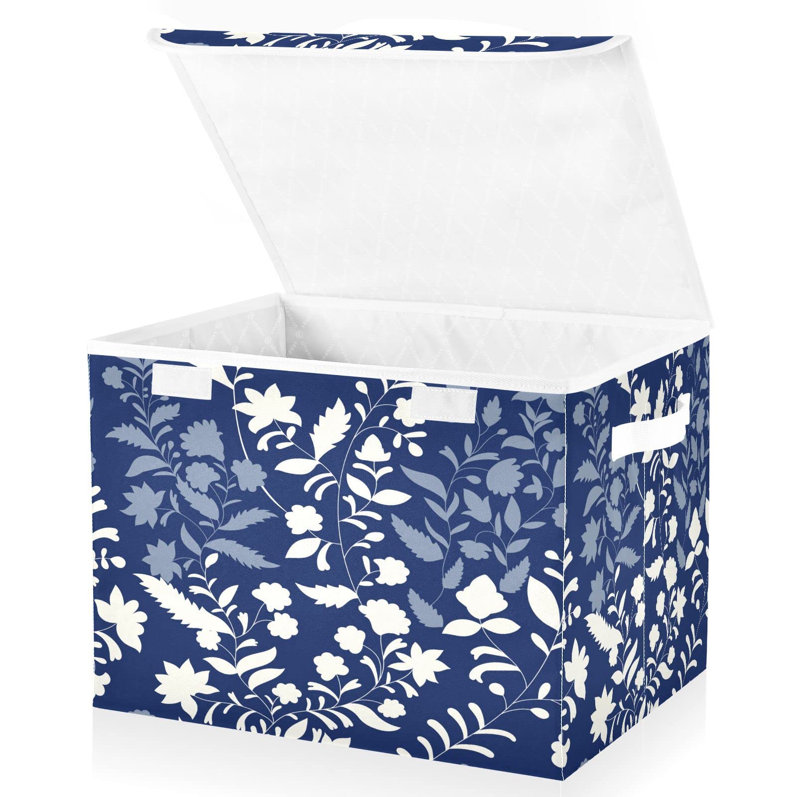 Flradish Blue and White Flowers Collapsible Storage Box with Lid Closet Organizer with Handle Washable Stackable