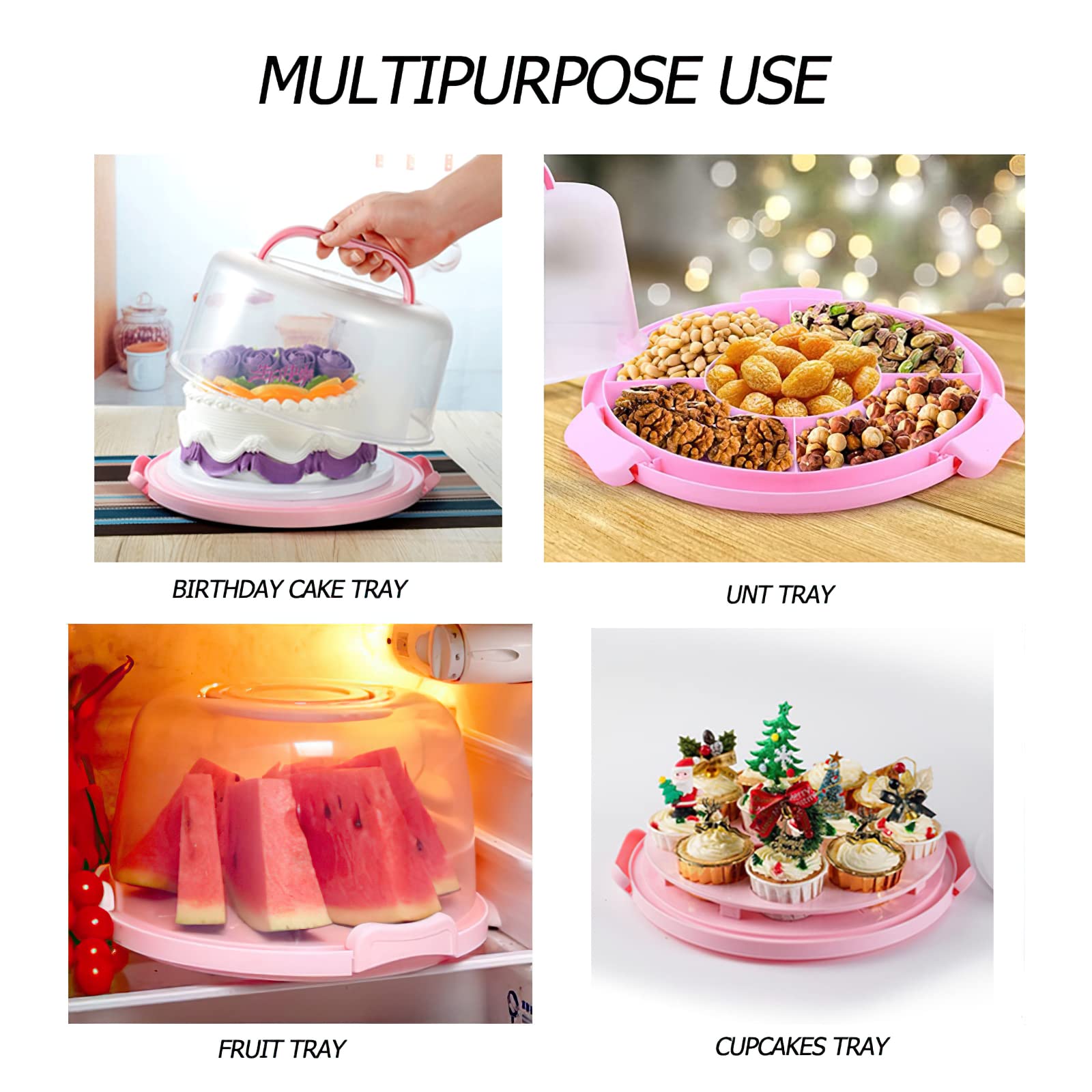 Yoution Cake Box Round Cake Stand with Lid and Foldable Handle. 10 Inch Portable Cake Container Cake Ornaments, Suitable for Storage Birthday Cakes. Cupcakes. Nuts. Fruits (Pink)